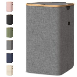 baleine laundry hamper with lid, tall laundry baskets with bamboo pull handles, large laundry bin with internal support (26 gallon, grey)