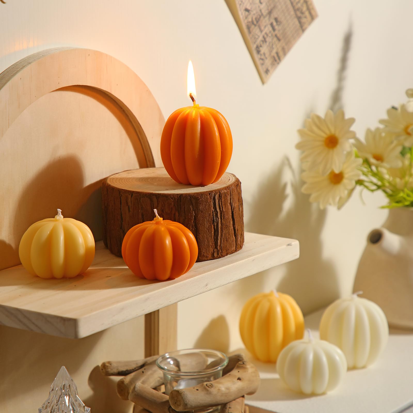 MTLEE 6 Pieces Fall Pumpkin Shaped Candles Thanksgiving Scented Candles Pumpkin Tealight Candles Home Decor Pumpkin Candle Handmade Wax Candle for Bedroom Bathroom Party (Orange, White, Pumpkin)