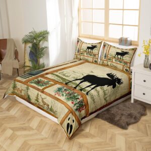 Retro Cabin Lodge Decor Duvet Cover King, Rustic Farmhouse Moose Comforter Cover, Lake House Decor Paddle Bedding Set, Woodland Pine Tree Bed Cover, Buffalo Plaid Bedspread Cover with 2 Pillowcases