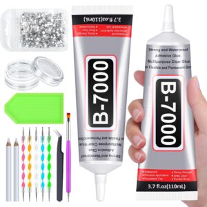 b7000 glue clear for rhinestones, 2pcs 110ml b-7000 jewelry bead gem glue with crystal rhinestones, tweezer dotting rhinestone tool for clothe fabric shoes diy crafts jewelry making nail art