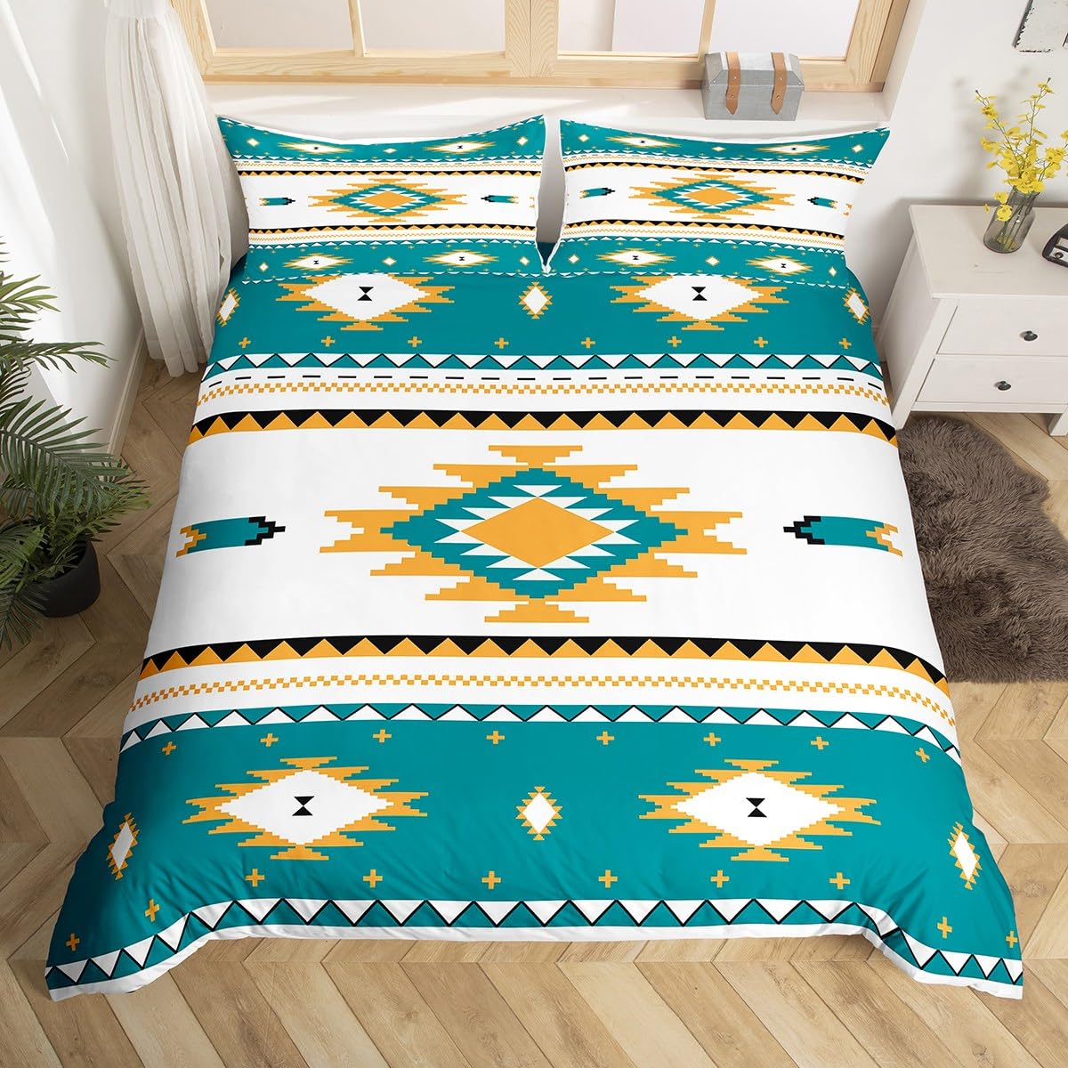 Erosebridal Boho Lattice Duvet Cover Queen, Aztec Bedding Set, Bohemian Navajo Ethnic Retro Yellow Striped Exotic Western Tribal Comforter Cover Teal Medallion Egyptian Bedroom Decor Quilt Cover