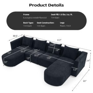 DEINPPA U Shape Modular Sectional Sofa, Minimalist Style Modular Couch, 4 Seat Cushion Couch with 4 Pillows for Living Room/Apartment, Bouclé Fabric, Black