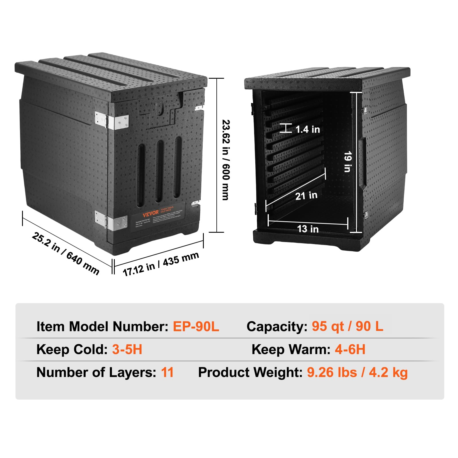 VEVOR Insulated Food Pan Carrier, 95 Qt Hot Box for Catering, LLDPE Food Box Carrier with Double Buckles, Front Loading Food Warmer for Restaurant, Canteen, etc.