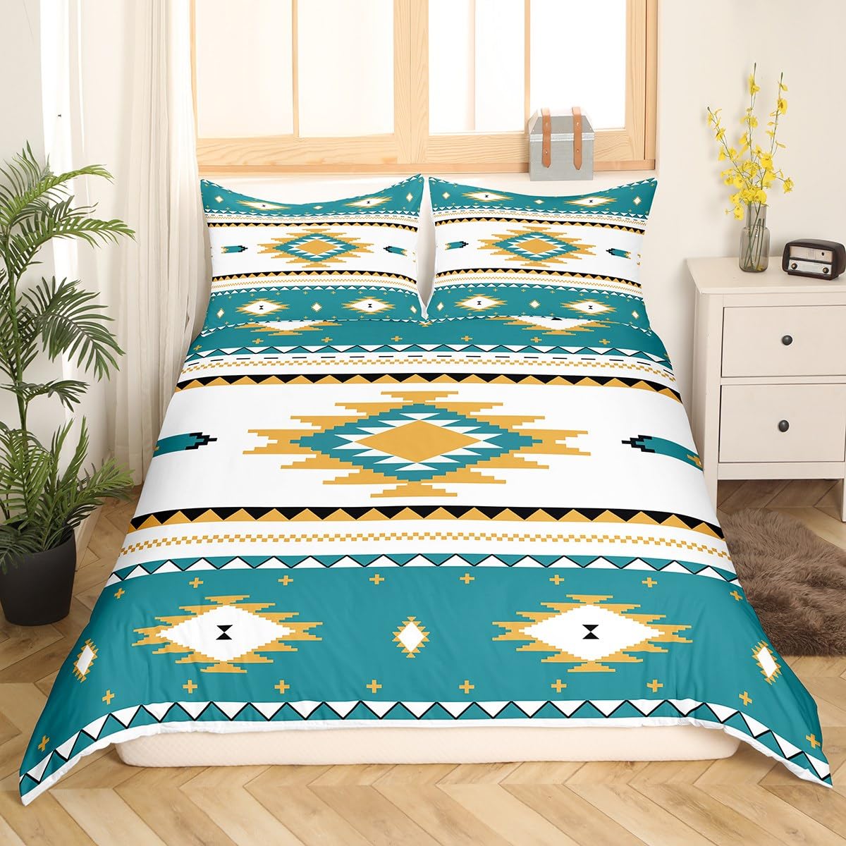 Erosebridal Boho Lattice Duvet Cover Queen, Aztec Bedding Set, Bohemian Navajo Ethnic Retro Yellow Striped Exotic Western Tribal Comforter Cover Teal Medallion Egyptian Bedroom Decor Quilt Cover