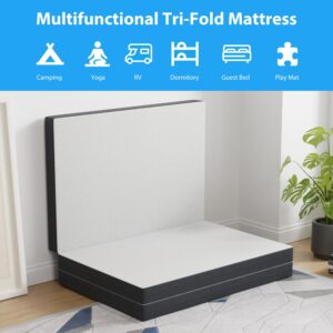 3 inch Memory Foam Tri Folding Mattress/Portable Foldable Mattress Topper with Washable Cover Non-Slip Bottom for Camping, Guest, Floor RV, CertiPUR-US Certified,Twin