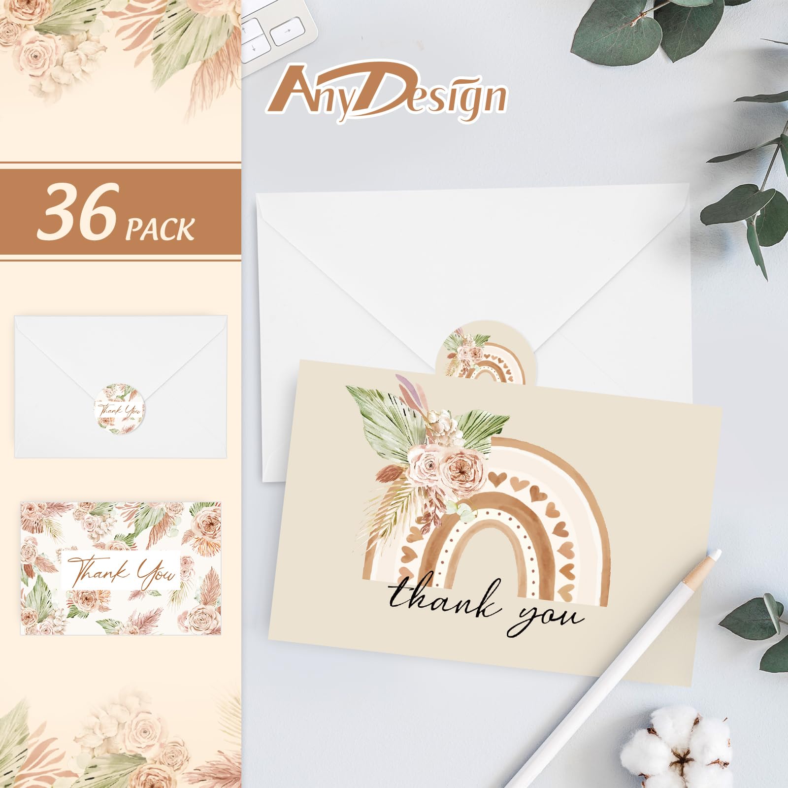 AnyDesign 36 Pack Boho Thank You Cards Boho Rainbow Floral Thank You Note Cards with Envelope Stickers Bohemian Flower Blank Cards for Birthday Wedding Baby Shower Bridal Shower, 4 x 6 Inch