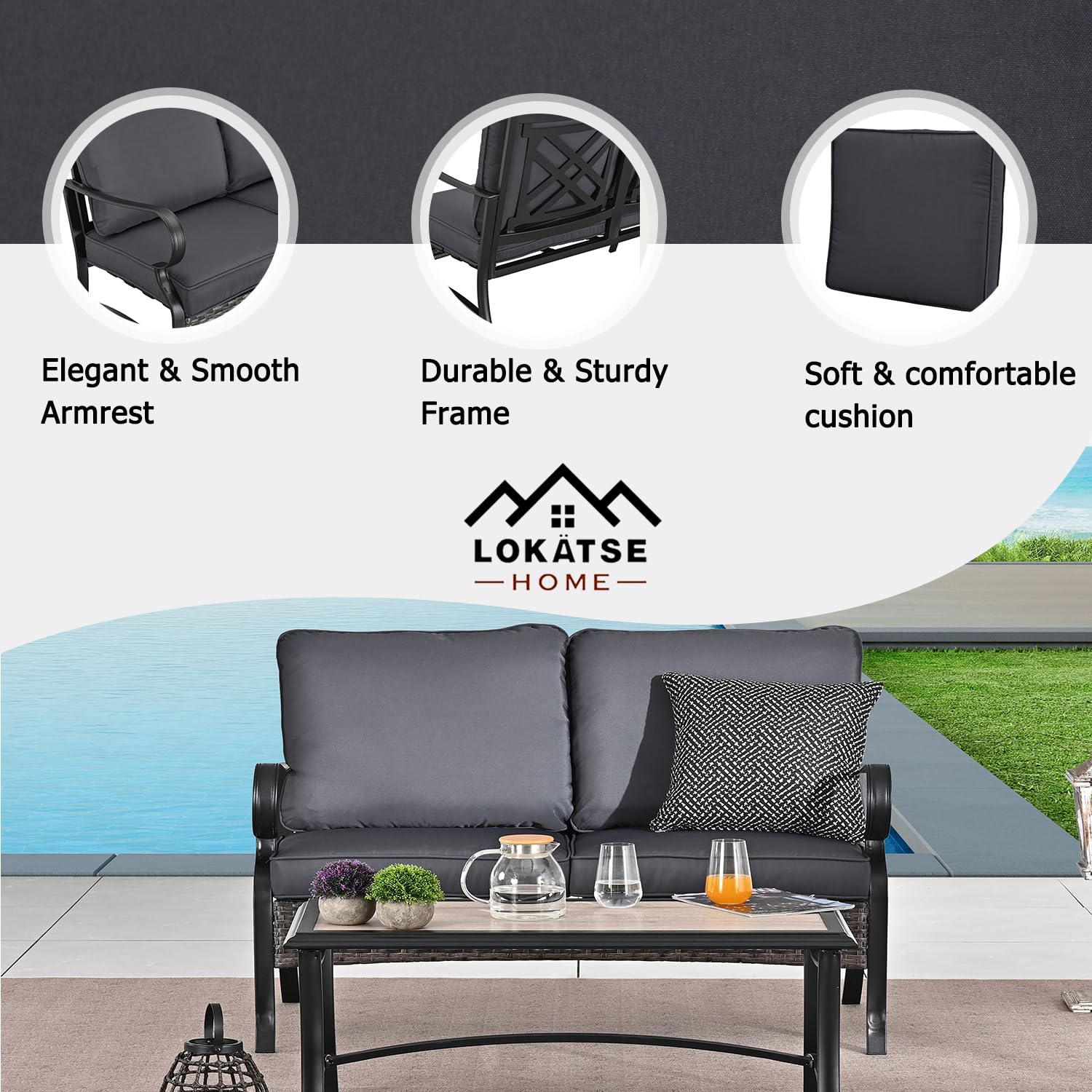 LOKATSE HOME Outdoor Loveseat Set of 2 Patio Furniture Couch with Rectangle Coffee Table, Black&Gray