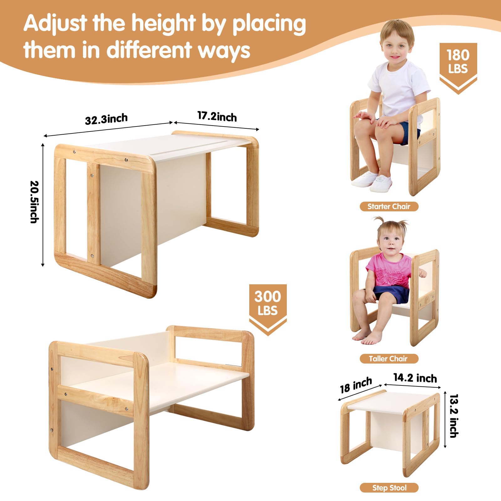 wingyz Kids Table and Chair Set, 3 in 1 Wooden Activity Table for Toddlers Play Study Dining Drawing Arts Crafts, Multi-Purpose Montessori Childrens Table and Chair Set Gifts for Boys and Girls