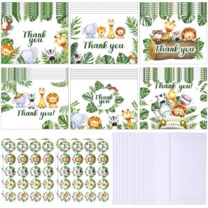 100 pcs safari jungle thank you cards with envelopes stickers forest animals greenery greeting note cards woodland zoo gratitude card for baby shower kids birthday party supplies