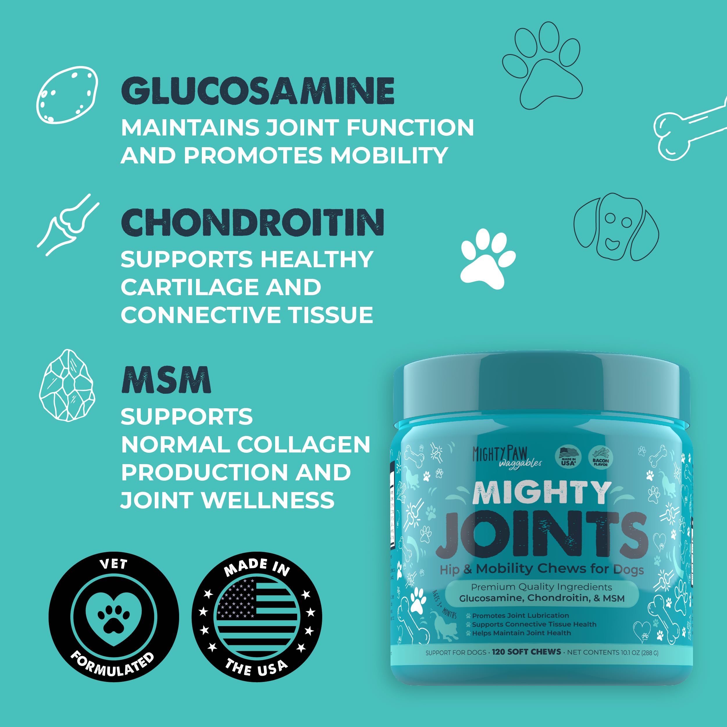 Mighty Paw Waggables Joint Support Supplement for Dogs (Made in USA) | Glucosamine for Dogs Hip and Joint Supplement. Vet Formulated Pet Mobility, Chondriotin & MSM Dog Joint Supplement Chews (120 Ct)