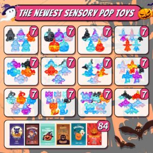 84 PCS Halloween Pop Fidget Toys Pack,Halloween Party Favors Supplies for Kids 4-8 8-12,Relieves Stress Anxiety Toys Pop Keychain Bulk,Classroom Rewards