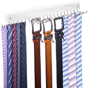 tie rack wall mounted belt hanger, 360° rotating tie hanger belt organizer 20 storage hooks for belt, ties, purse, scarves, tank top, hats, medals