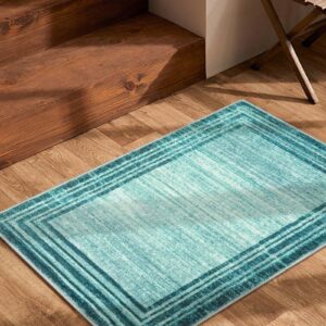 Lahome Abstract 2x3 Teal Kitchen Rug,Washable Low-Pile Entry Rug Non-Slip Door Mat Indoor Entryway Rug,Modern Bordered Soft Small Bathroom Mat Throw Rug