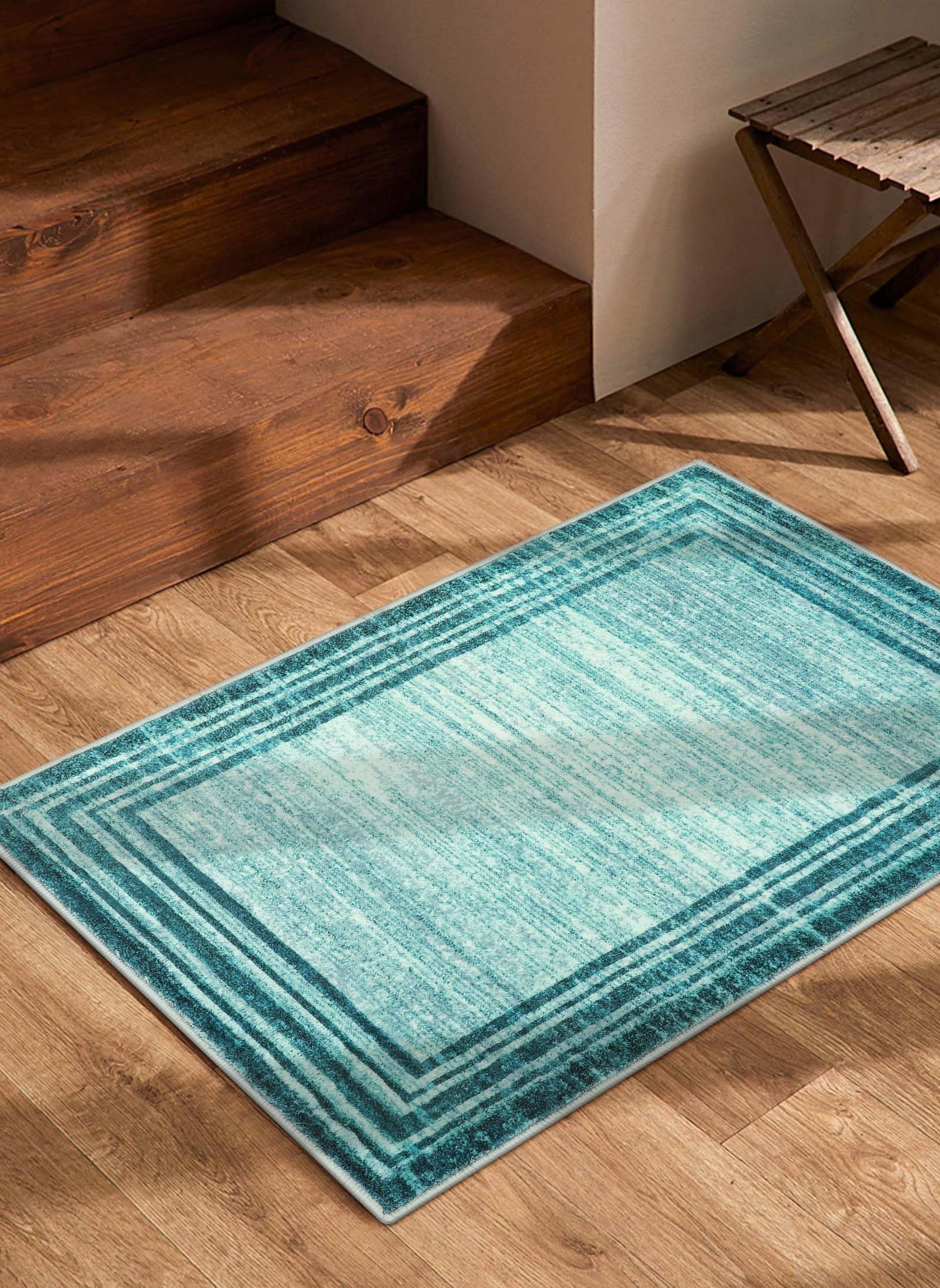 Lahome Abstract 2x3 Teal Kitchen Rug,Washable Low-Pile Entry Rug Non-Slip Door Mat Indoor Entryway Rug,Modern Bordered Soft Small Bathroom Mat Throw Rug