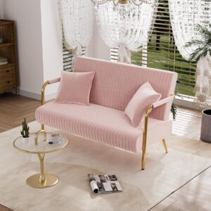 Nolohoo Loveseat Couch Set of 2 with Gold Legs, 58.6" W Pink Small Sofa with 2 Pillows, Tufted Upholstered Settee 2 Seater Mini Couch for Living Room, Bedroom, Office, Apartment (Pink,Velvet)