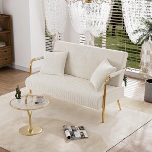 nolohoo loveseat couch with gold legs, velvet upholstered small 2 seater sofa with 2 pillows, 58.6" w comfy settee mini couches for office living room compact space (beige white,velvet)