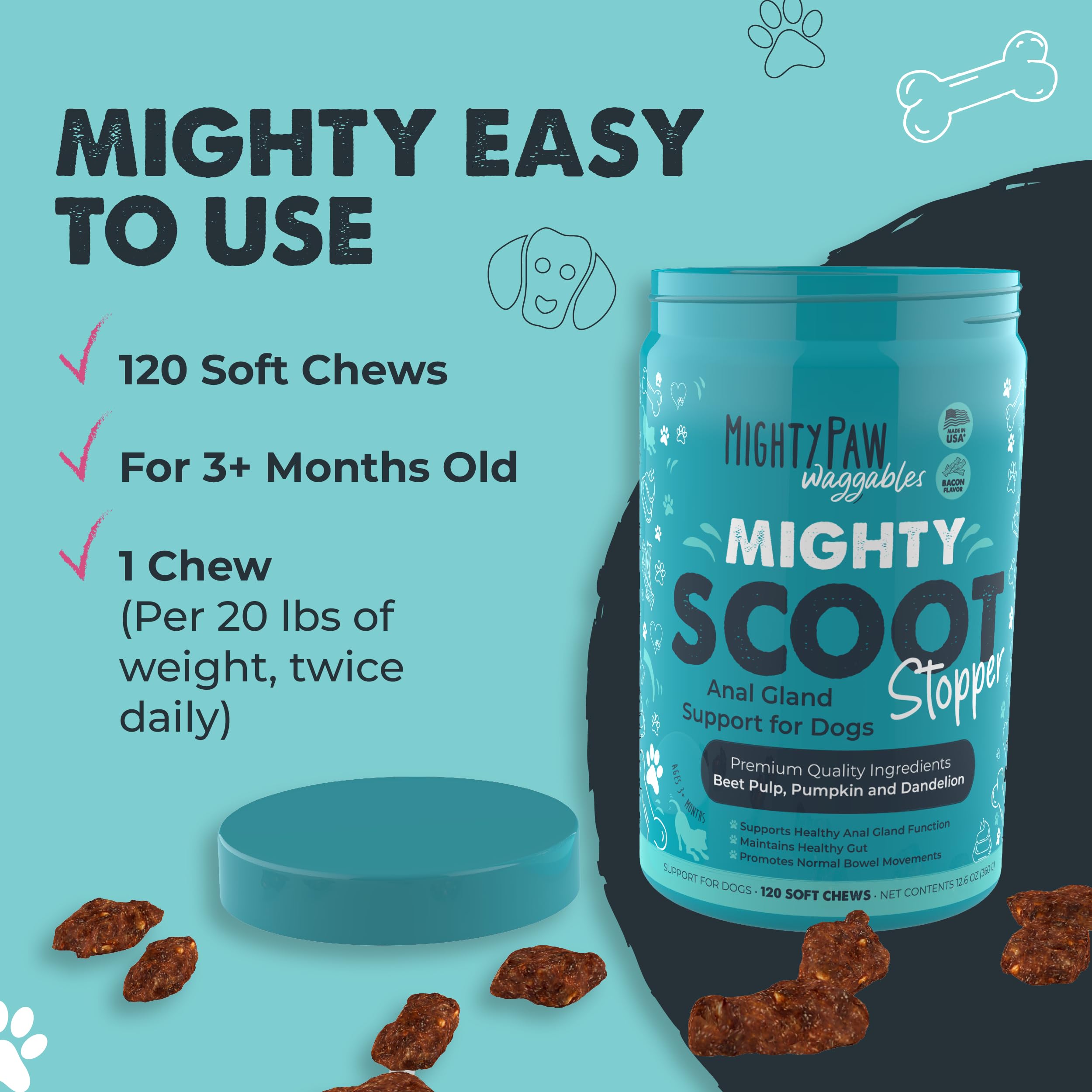 Mighty Paw Waggables Mighty Scoot (Made in USA) | Dog Digestive Support Anal Gland Chews. Dog Anal Gland Scoot for Dogs. Beet Pulp & Pumpkin Dog Fiber Supplements. Pet Bowel Gut Health (120 Count)