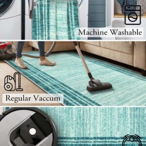 Lahome Abstract 2x3 Teal Kitchen Rug,Washable Low-Pile Entry Rug Non-Slip Door Mat Indoor Entryway Rug,Modern Bordered Soft Small Bathroom Mat Throw Rug