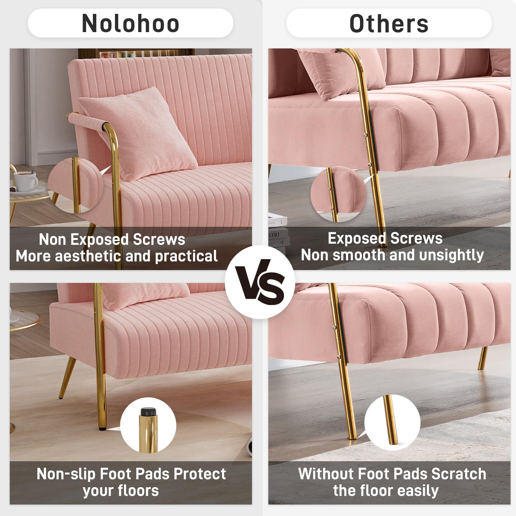 Nolohoo Loveseat Couch Set of 2 with Gold Legs, 58.6" W Pink Small Sofa with 2 Pillows, Tufted Upholstered Settee 2 Seater Mini Couch for Living Room, Bedroom, Office, Apartment (Pink,Velvet)