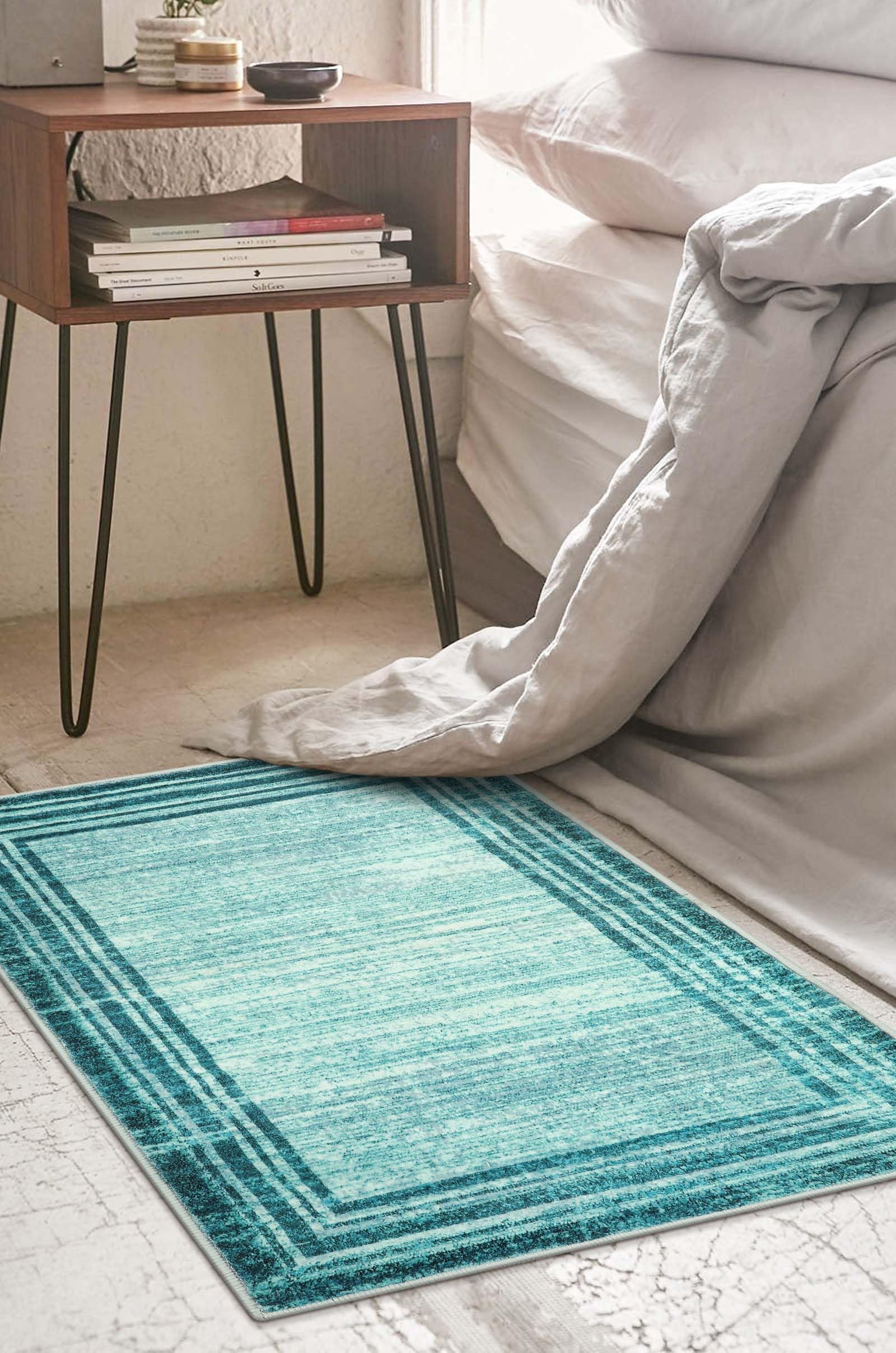 Lahome Abstract 2x3 Teal Kitchen Rug,Washable Low-Pile Entry Rug Non-Slip Door Mat Indoor Entryway Rug,Modern Bordered Soft Small Bathroom Mat Throw Rug