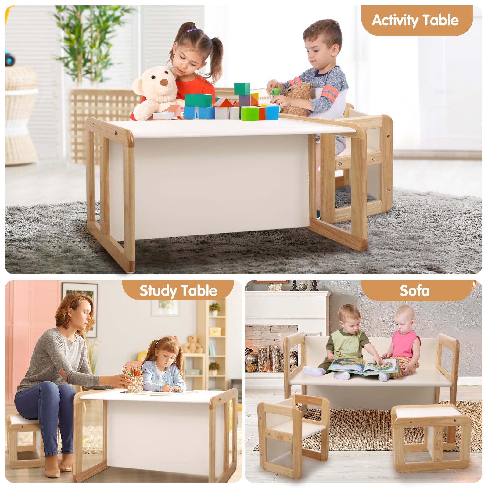 wingyz Kids Table and Chair Set, 3 in 1 Wooden Activity Table for Toddlers Play Study Dining Drawing Arts Crafts, Multi-Purpose Montessori Childrens Table and Chair Set Gifts for Boys and Girls