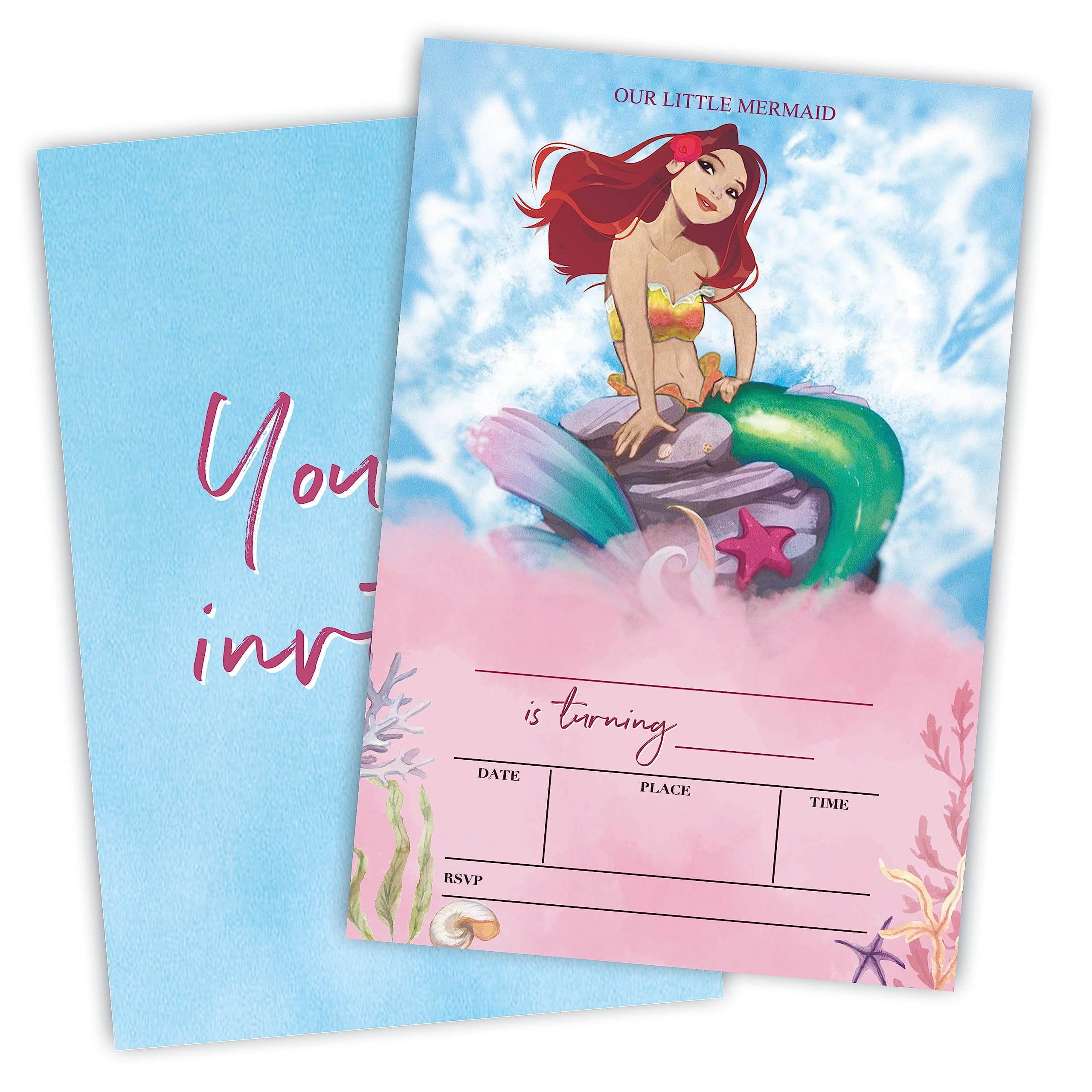 JCVUK Mermaid Theme Party Birthday Invitation Cards, Under The Sea, 20 Invites With Envelopes, Double-sided Fill In Style Invitations, Birthday Party Favor, Decorations And Supplies - Y10