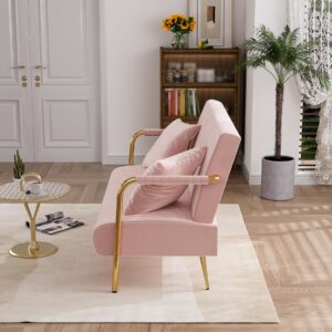 Nolohoo Loveseat Couch Set of 2 with Gold Legs, 58.6" W Pink Small Sofa with 2 Pillows, Tufted Upholstered Settee 2 Seater Mini Couch for Living Room, Bedroom, Office, Apartment (Pink,Velvet)