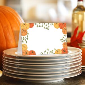 25 Pack Place Cards, Editable Name Cards for Table Seating, Thanksgiving Pumpkins, Fall Autumn Party Tent Style Cards for Baby Shower, Birthday Party, Party Decoration and Supplies-LE01