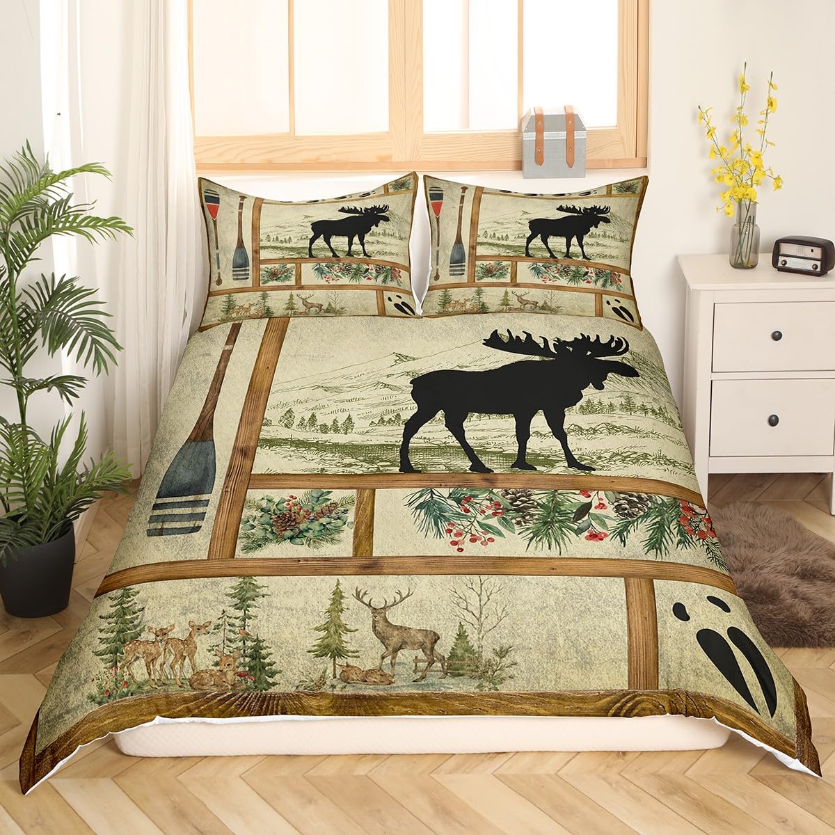 Retro Cabin Lodge Decor Duvet Cover King, Rustic Farmhouse Moose Comforter Cover, Lake House Decor Paddle Bedding Set, Woodland Pine Tree Bed Cover, Buffalo Plaid Bedspread Cover with 2 Pillowcases