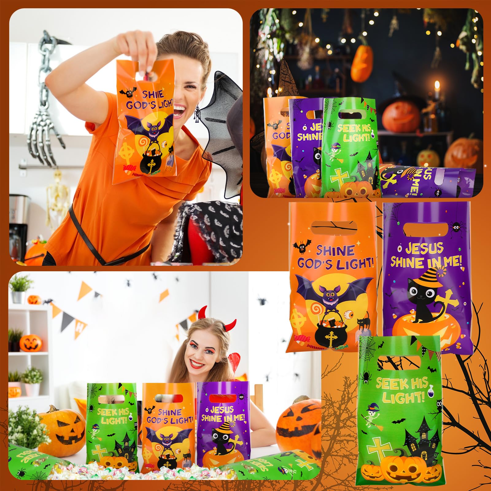 Qilery 150 Pcs Halloween Plastic Bags Religious Candy Gift Bags Christian Trick Treat Bags Pumpkin Treat Bags Trick or Treat Bags Church Bags Halloween Party Favor Supplies