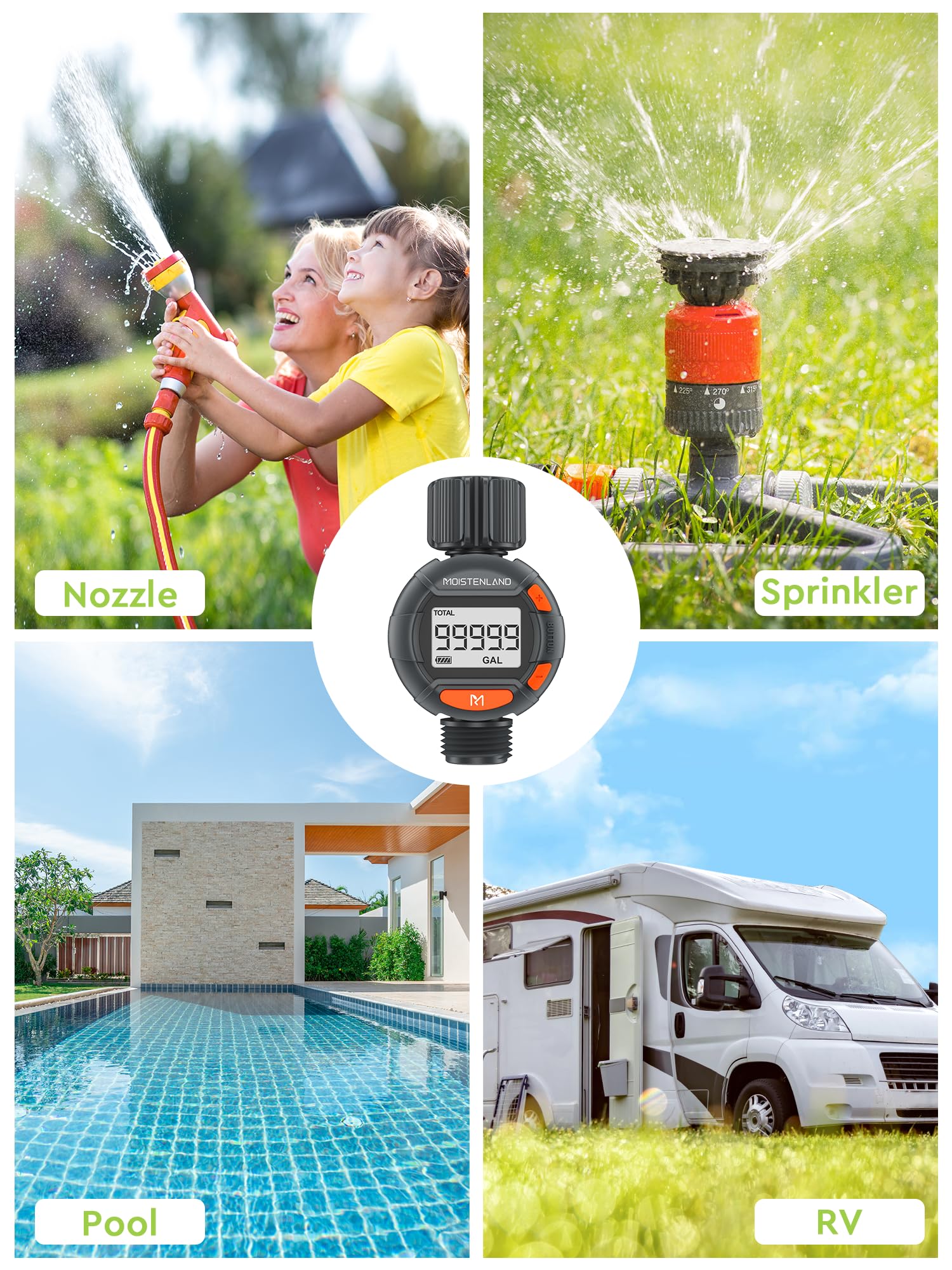 Moistenland Water Flow Meter, Water Meter, Standard 3/4" Thread, High Accuracy and IP6X Waterproof, Water Meter for Garden Hose/RVs/Lawn/Nozzle Sprayer