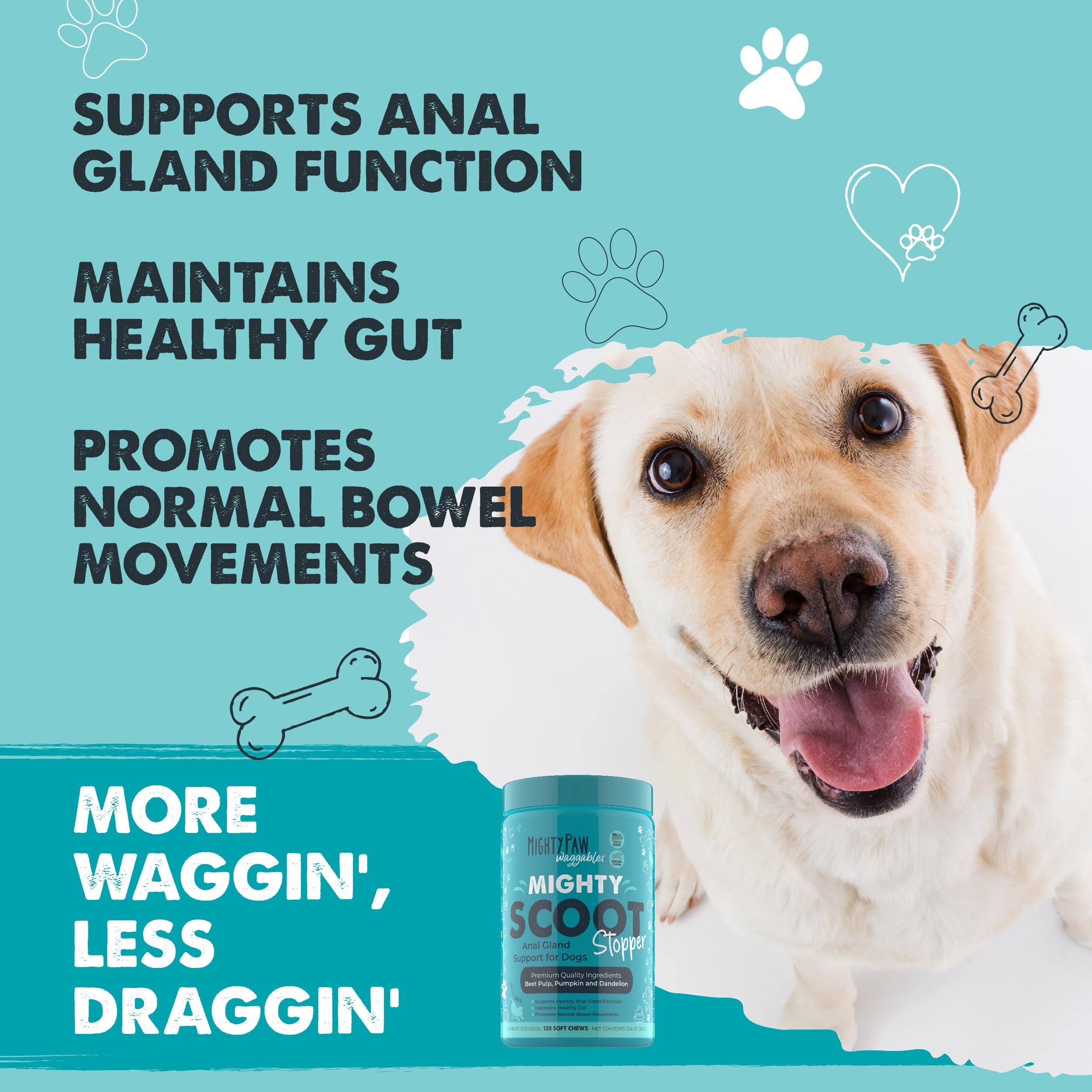 Mighty Paw Waggables Mighty Scoot (Made in USA) | Dog Digestive Support Anal Gland Chews. Dog Anal Gland Scoot for Dogs. Beet Pulp & Pumpkin Dog Fiber Supplements. Pet Bowel Gut Health (120 Count)