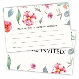 jcvuk watercolor birthday invitation cards, floral & greenery, 20 invites with envelopes, double-sided fill in style invitations, birthday party favor, decorations and supplies - y09