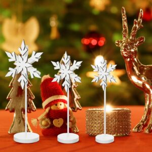 Soaoo 3 Pcs Christmas Snowflake Decorations Wooden Snowflakes Tabletop Decor White Winter Snowflake Table Sign Xmas Tall Standing Wood Block Snowflake Centerpieces for Tables Shelf Mantel Indoor Decor