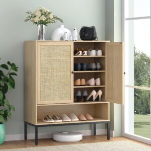 yechen natural rattan shoe cabinet, 5-tier shoe rack storage organizer with doors, metal legs, entryway shoe cabinet for modern heels, boots, entrance hallway (1 piece, natural)