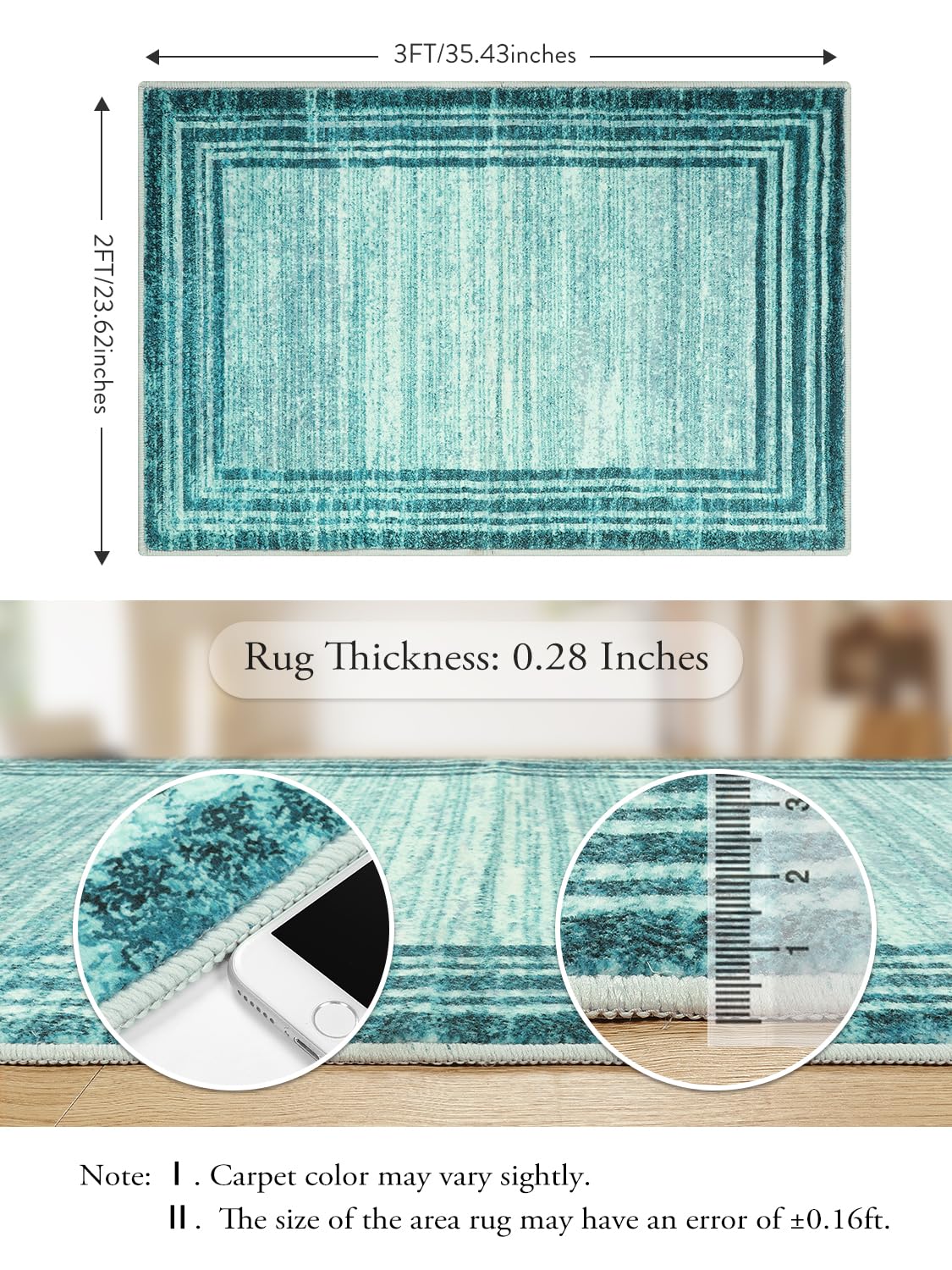 Lahome Abstract 2x3 Teal Kitchen Rug,Washable Low-Pile Entry Rug Non-Slip Door Mat Indoor Entryway Rug,Modern Bordered Soft Small Bathroom Mat Throw Rug