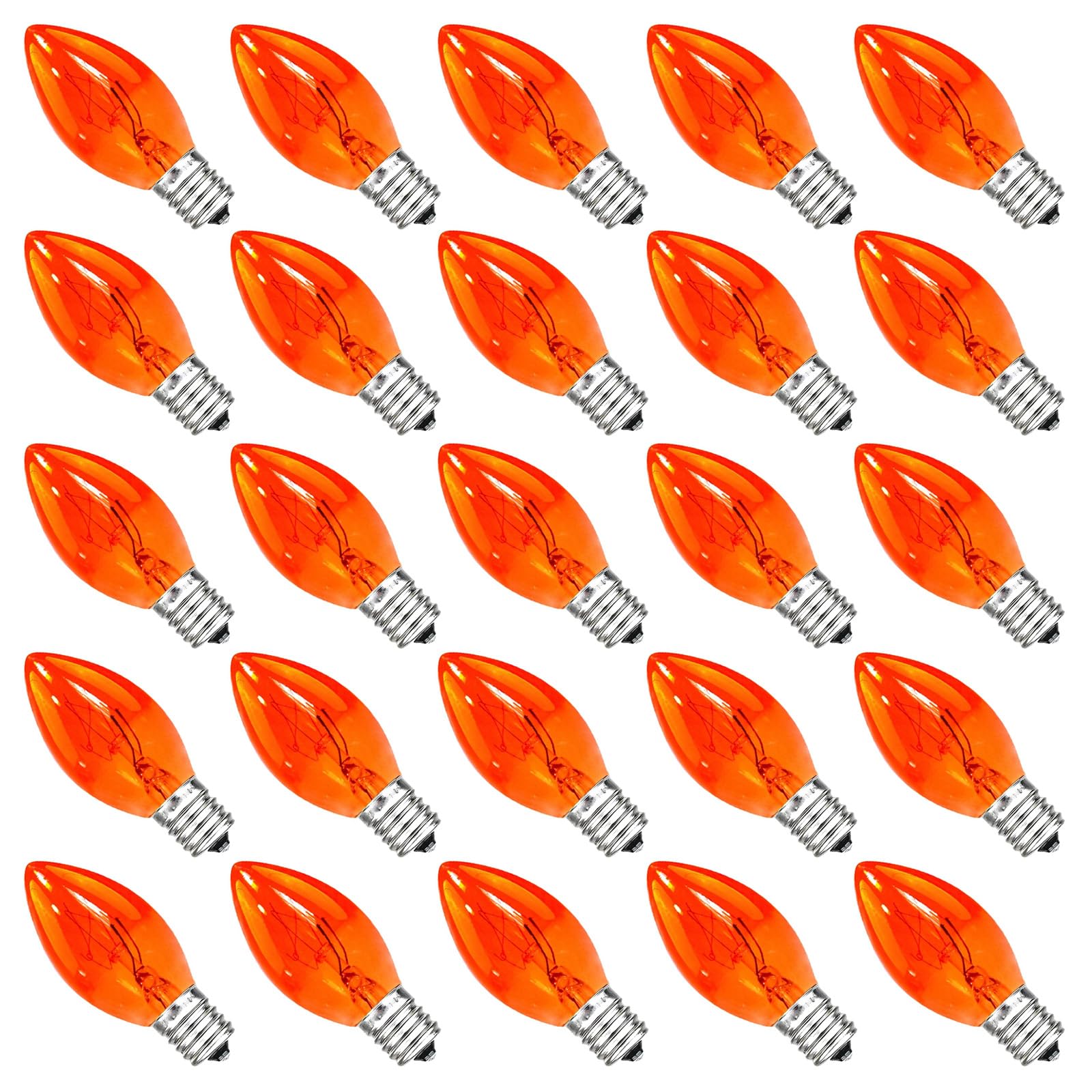 Agaphoton 25 Pack Orange Christmas Replacement Bulbs, C7 Clear Orange Flame Replacement Bulbs for Outdoor String Light, C7/E12 Candelabra Base 5 Watt Great for Christmas Bulbs