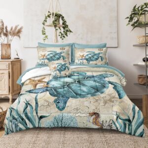 merryword 8 pieces blue green comforter set queen size ocean life bed in a bag turtle beach bedding set hawaii style summer lightweight bedding comforter set