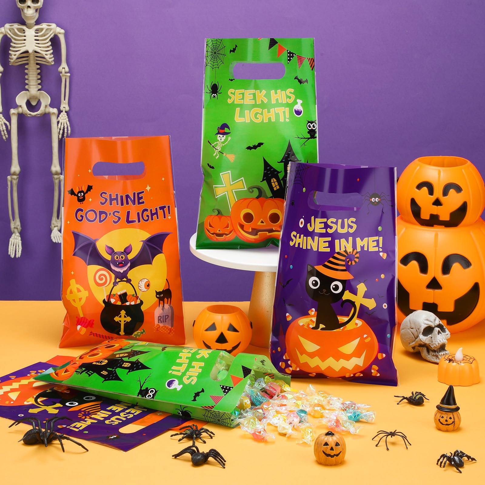 Qilery 150 Pcs Halloween Plastic Bags Religious Candy Gift Bags Christian Trick Treat Bags Pumpkin Treat Bags Trick or Treat Bags Church Bags Halloween Party Favor Supplies