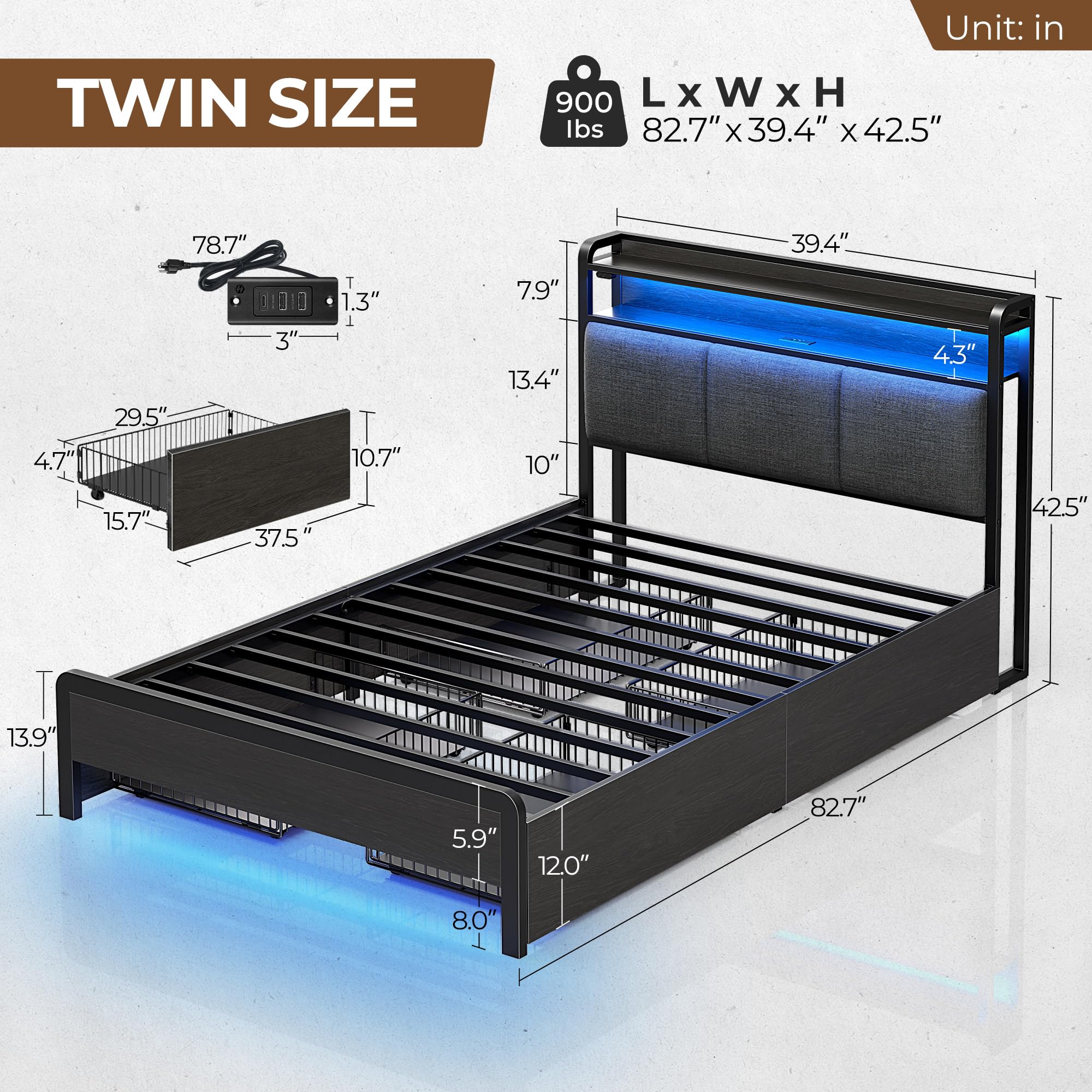 Rolanstar Bed Frame Twin Size with Charging Station and LED Lights, Upholstered Storage Headboard with Drawers, Heavy Duty Metal Slats, No Box Spring Needed, Noise Free, Easy Assembly, Dark Grey