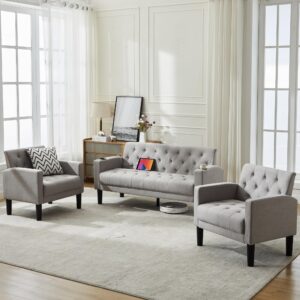 tyboatle light grey linen fabric mid-century modern sofa set 3 pieces, tufted linen fabric usb loveseat couch with 2 cupholders and 2 accent armchairs for living room, bedroom, apartment