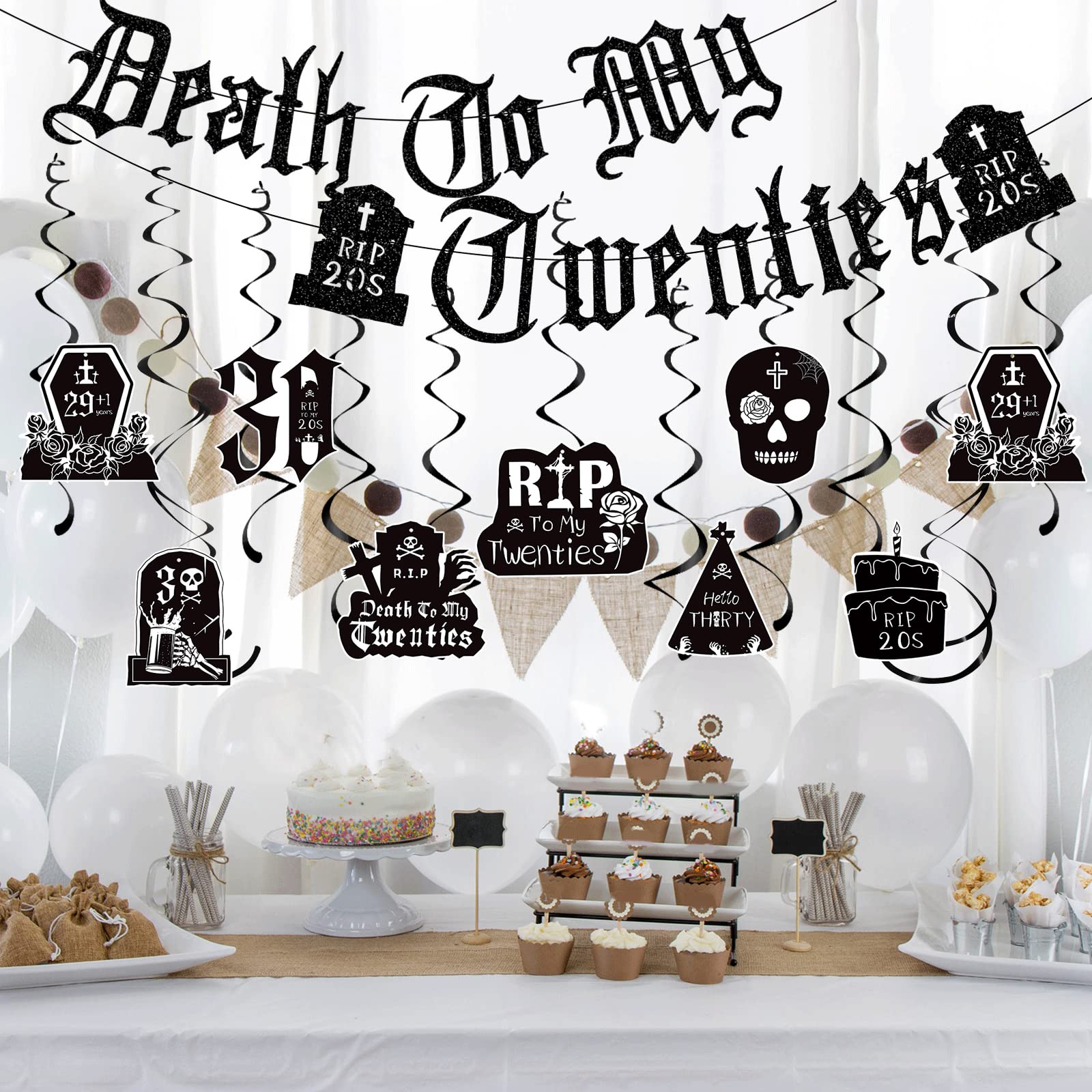 Refavor Death to My 20s Decorations - 14pcs Black 30th Birthday Party Decorations Banner Hanging Swirls Rip to My 20s Birthday Decor Party Ceiling Supplies Women Men Funeral for My Youth Party Decor