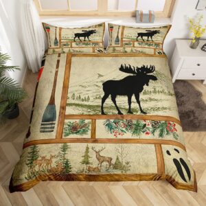 retro cabin lodge decor duvet cover king, rustic farmhouse moose comforter cover, lake house decor paddle bedding set, woodland pine tree bed cover, buffalo plaid bedspread cover with 2 pillowcases