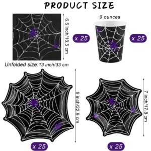 durony 100 Pieces Halloween Spider Web Party Supplies Tableware Set Including Halloween Spiderweb Dinner Paper Plates Cups Napkins Serves for 25, Halloween Party Decorations