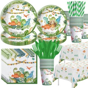 apowbls dinosaur birthday party supplies - dinosaur baby shower decorations tableware, plate, cup, napkin, tablecloth, cutlery, watercolor dino theme baby shower birthday party decorations | serve 24