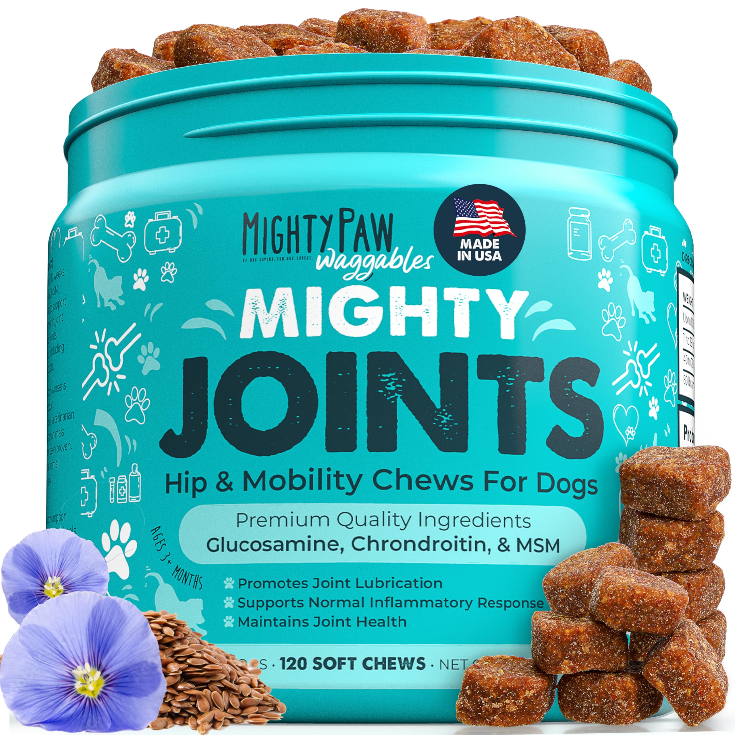 Mighty Paw Waggables Joint Support Supplement for Dogs (Made in USA) | Glucosamine for Dogs Hip and Joint Supplement. Vet Formulated Pet Mobility, Chondriotin & MSM Dog Joint Supplement Chews (120 Ct)