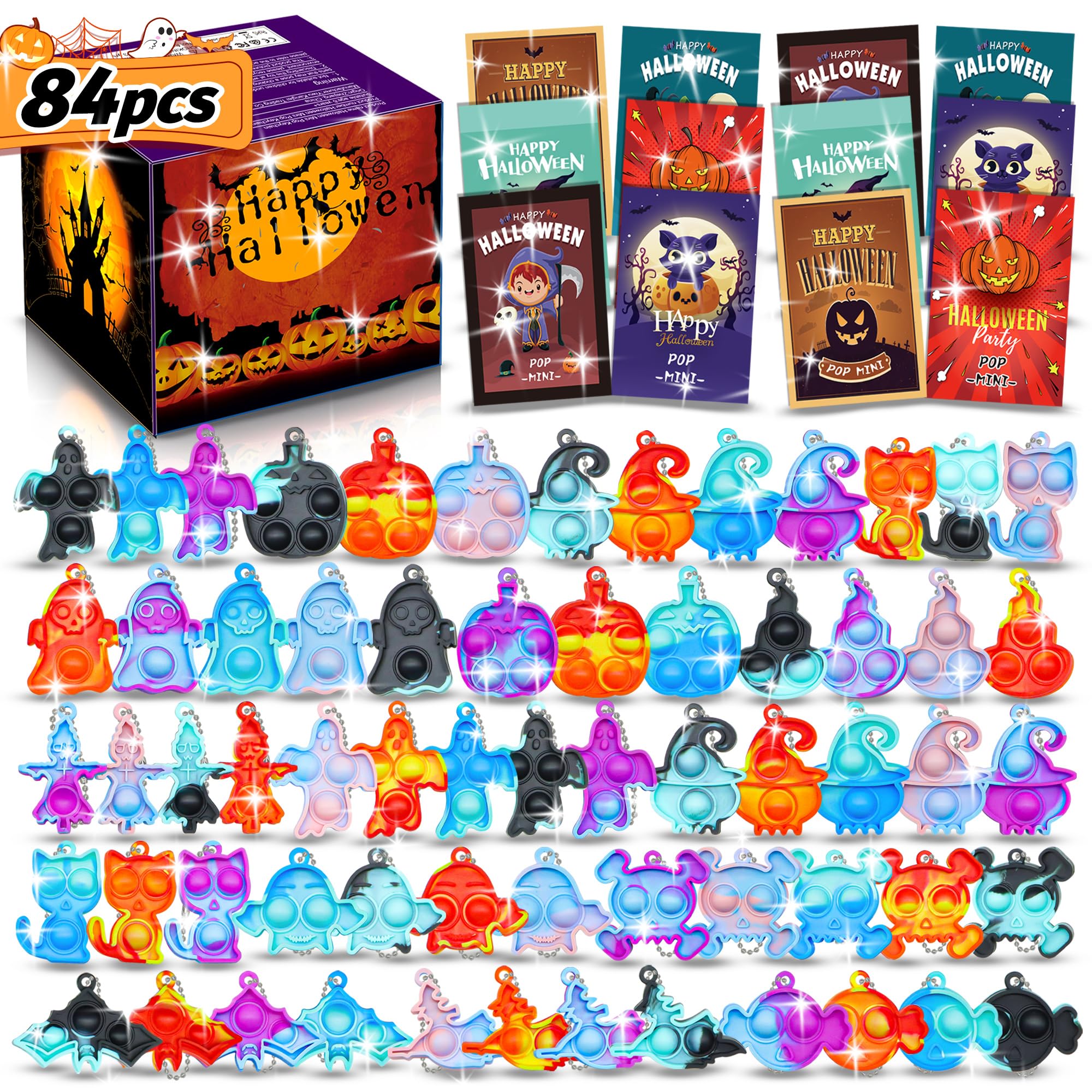 84 PCS Halloween Pop Fidget Toys Pack,Halloween Party Favors Supplies for Kids 4-8 8-12,Relieves Stress Anxiety Toys Pop Keychain Bulk,Classroom Rewards