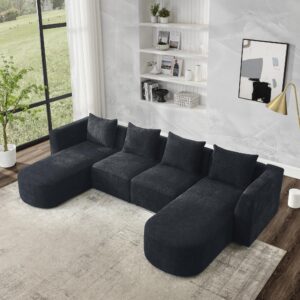 DEINPPA U Shape Modular Sectional Sofa, Minimalist Style Modular Couch, 4 Seat Cushion Couch with 4 Pillows for Living Room/Apartment, Bouclé Fabric, Black