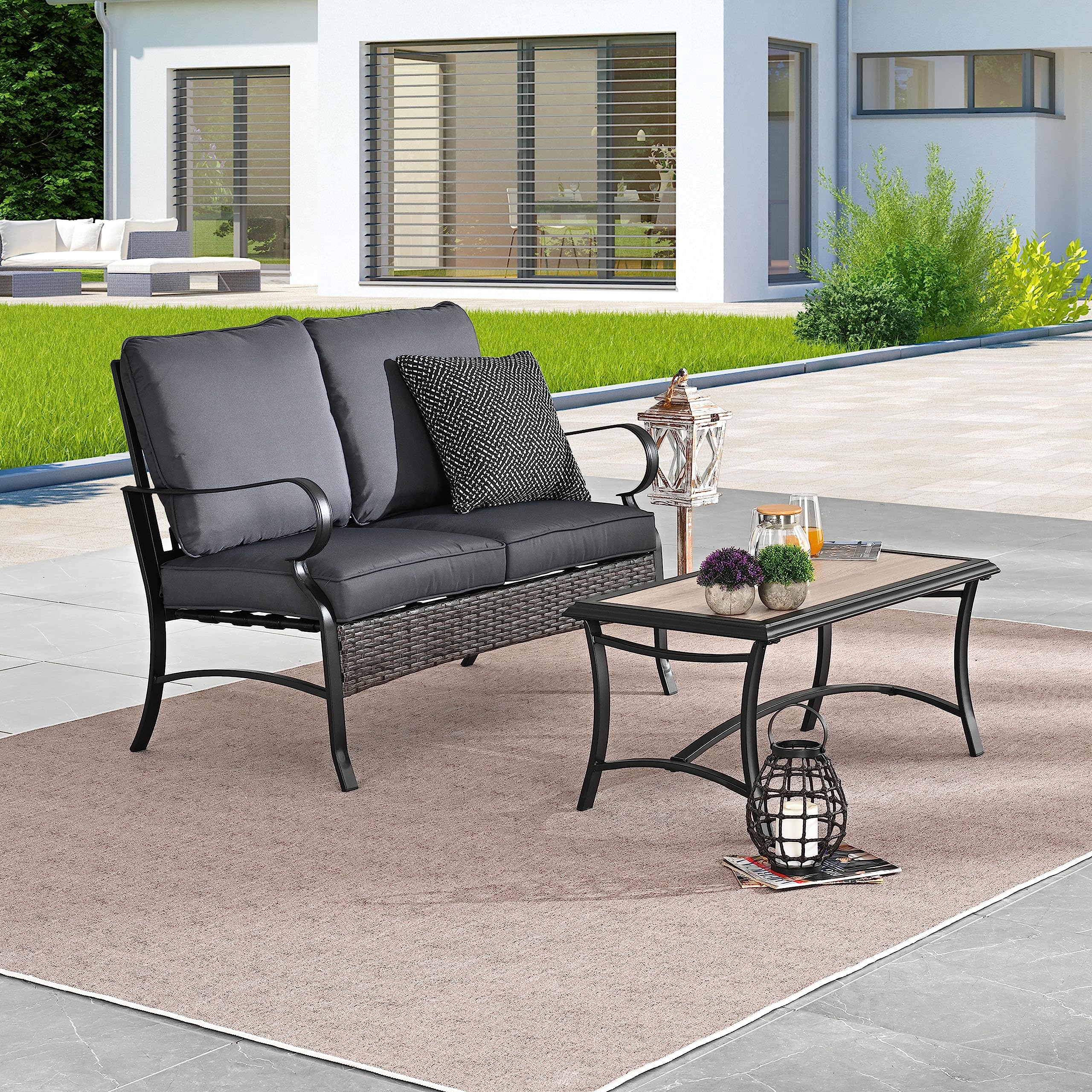 LOKATSE HOME Outdoor Loveseat Set of 2 Patio Furniture Couch with Rectangle Coffee Table, Black&Gray