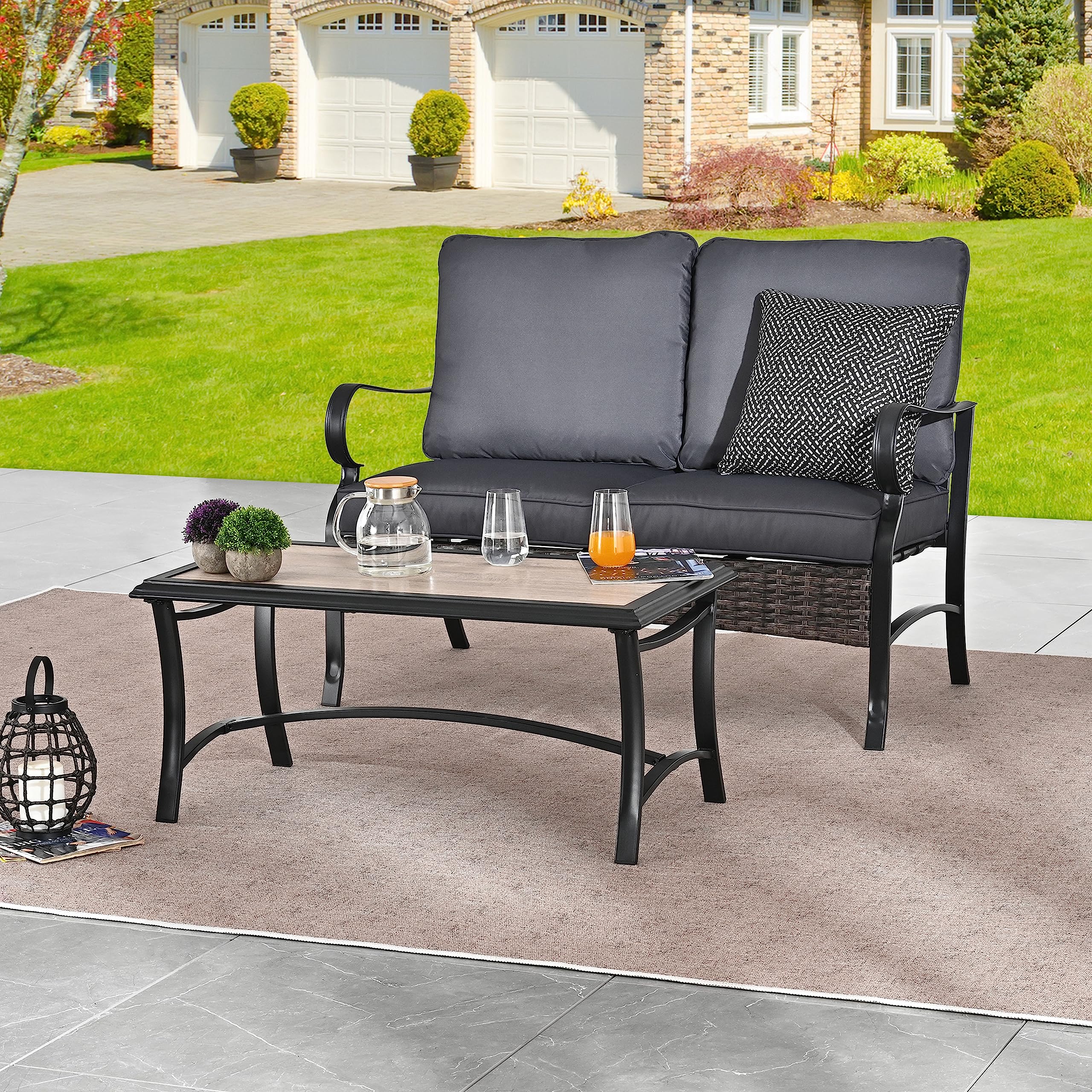 LOKATSE HOME Outdoor Loveseat Set of 2 Patio Furniture Couch with Rectangle Coffee Table, Black&Gray